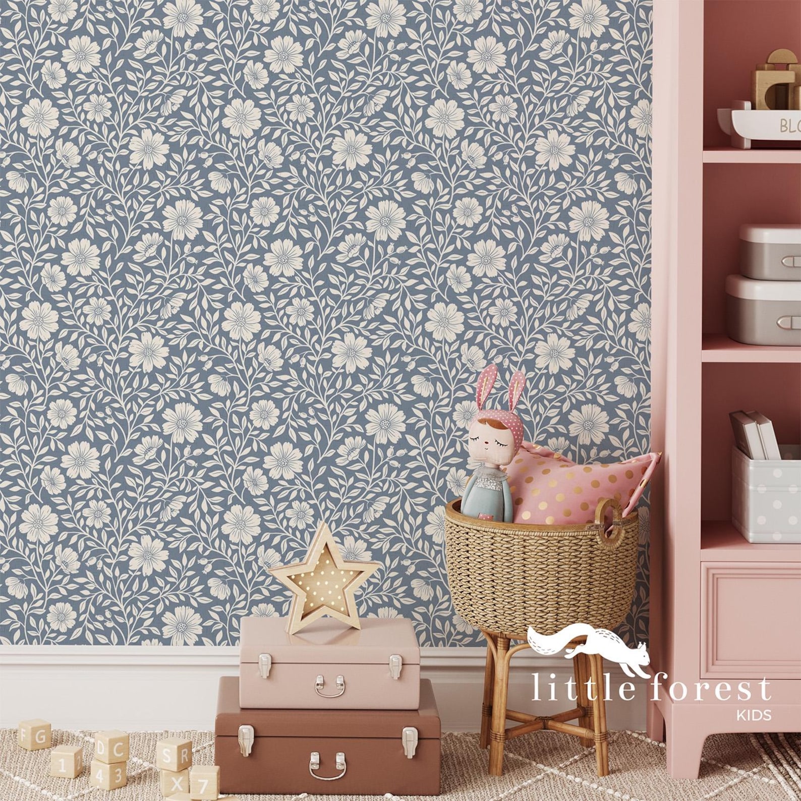 Blue Floral Wallpaper for Girl Nursery, Romantic Botanical Wallpaper ...