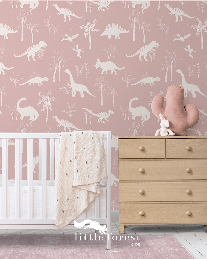 Pink Dinosaur Wallpaper – Peel and Stick and Traditional | Girl Nursery ...