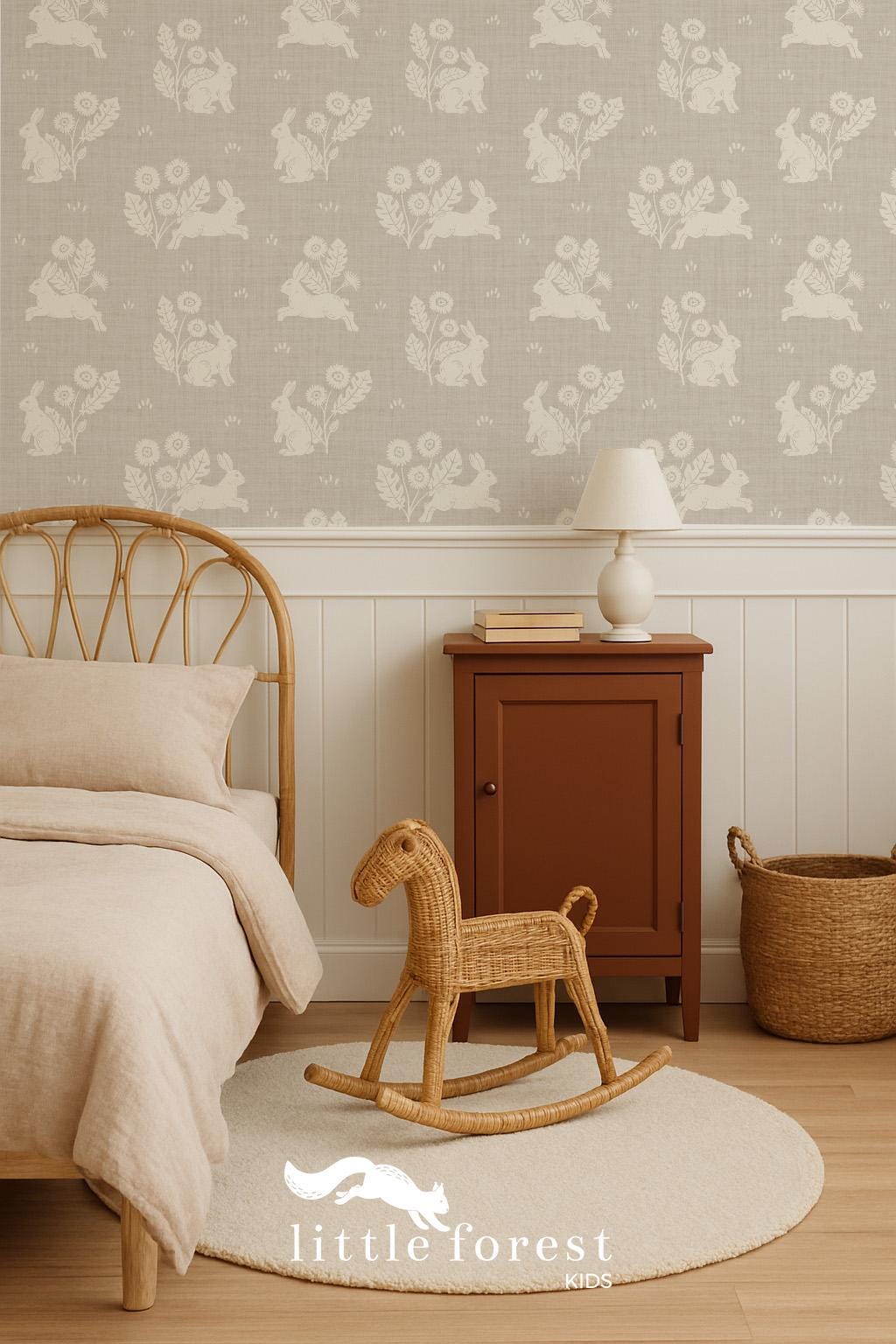 Beige Rabbit Wallpaper – Linen Texture Neutral Woodland Nursery Wall ...