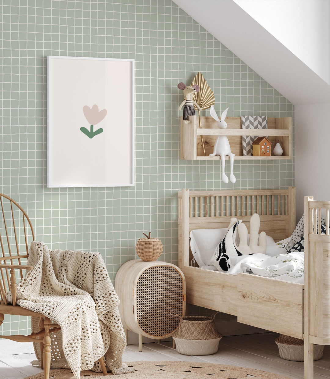 Sage Green Grid Wallpaper: Removable Peel and Stick Wallpaper for Kids ...