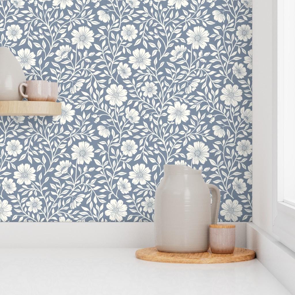 Blue Floral Wallpaper for Girl Nursery, Romantic Botanical Wallpaper ...