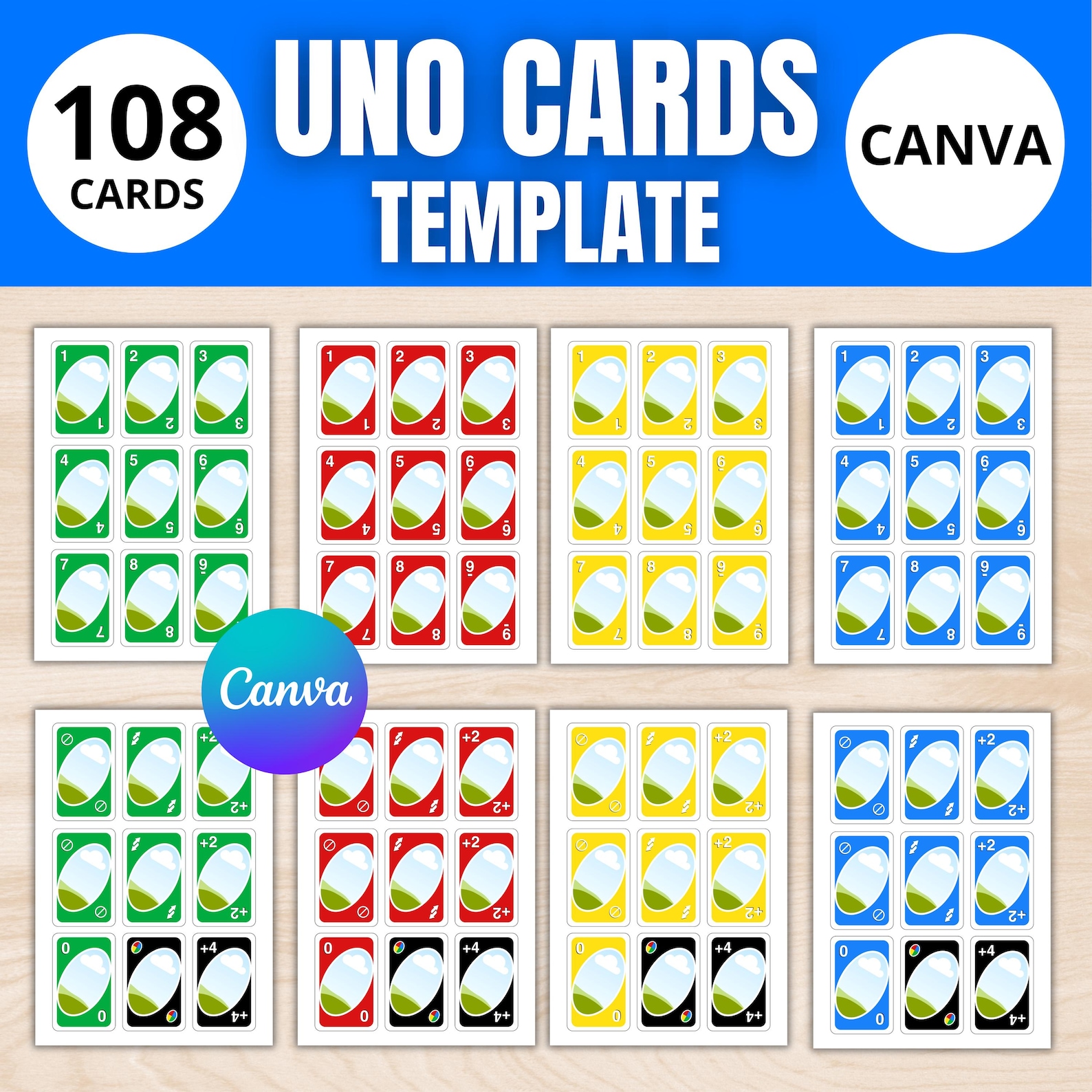 Uno Card Game Template | 108 Cards, Canva Editable| A4,US Letter ...
