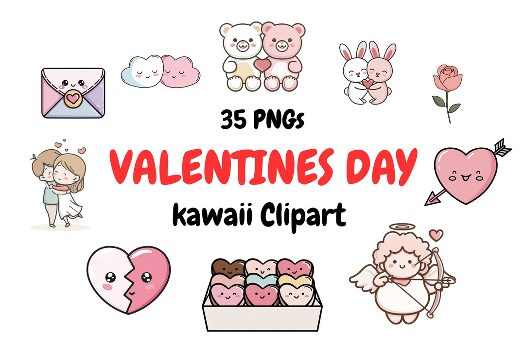 Kawaii Valentine's Day Clipart Bundle: 35 PNG Stickers (digital ...
