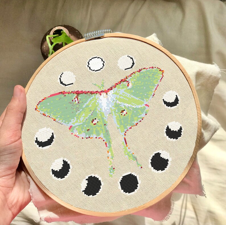 Luna Moth Moon Phase Cross Stitch Template | Stitch Kit Wall Art ...