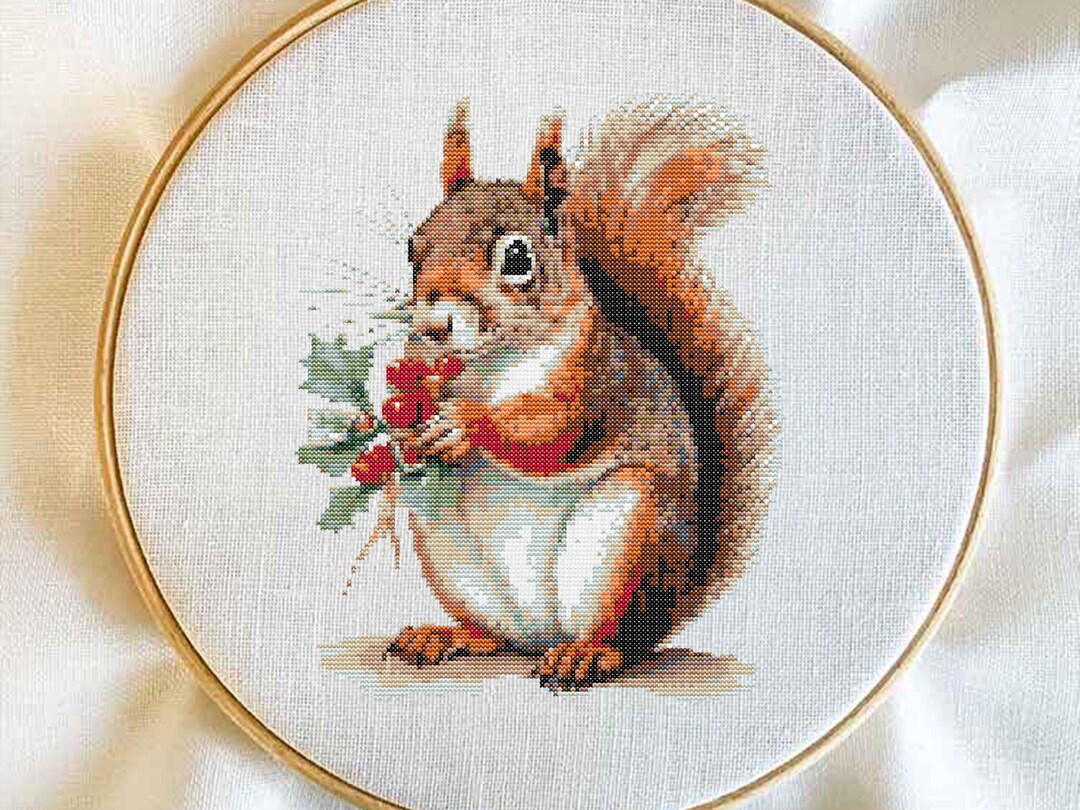 Christmas Squirrel Cross Stitch Template | Holiday Squirrel Embroidery ...