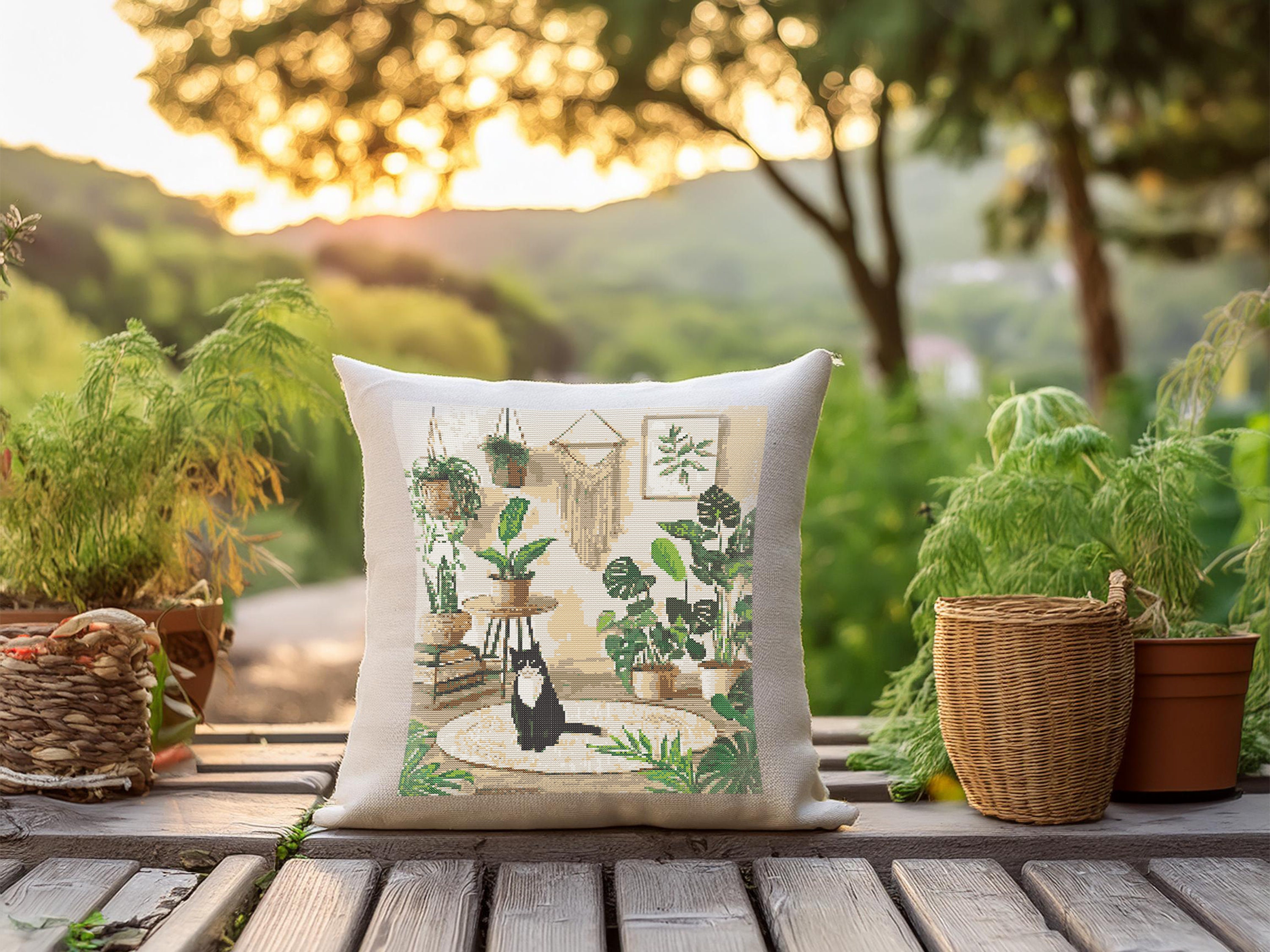 Boho Cat Cross Stitch Pattern Plant Lover Gift DIY Embroidery Template ...