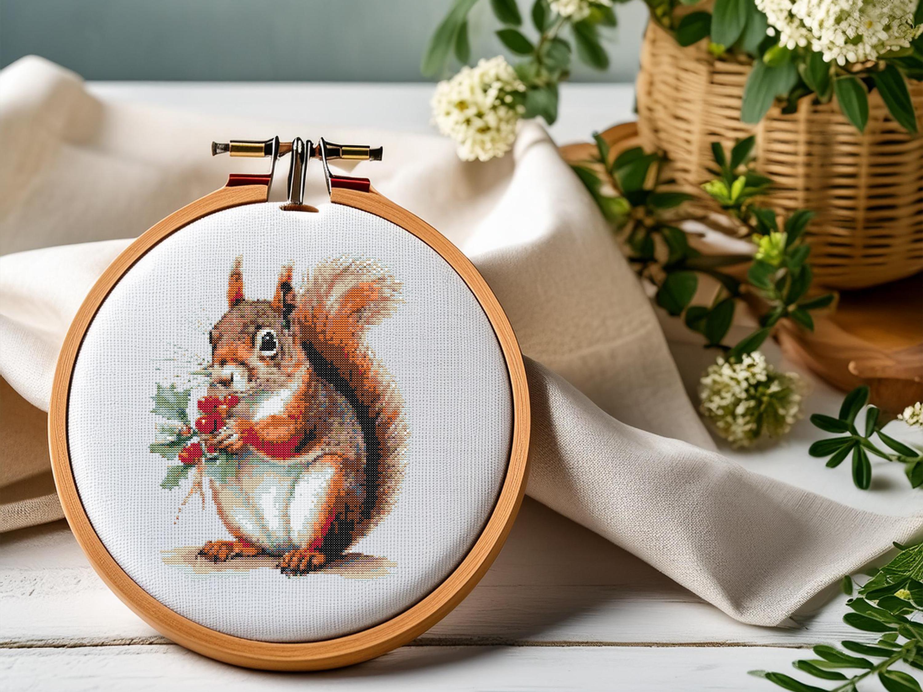 Christmas Squirrel Cross Stitch Template | Holiday Squirrel Embroidery ...