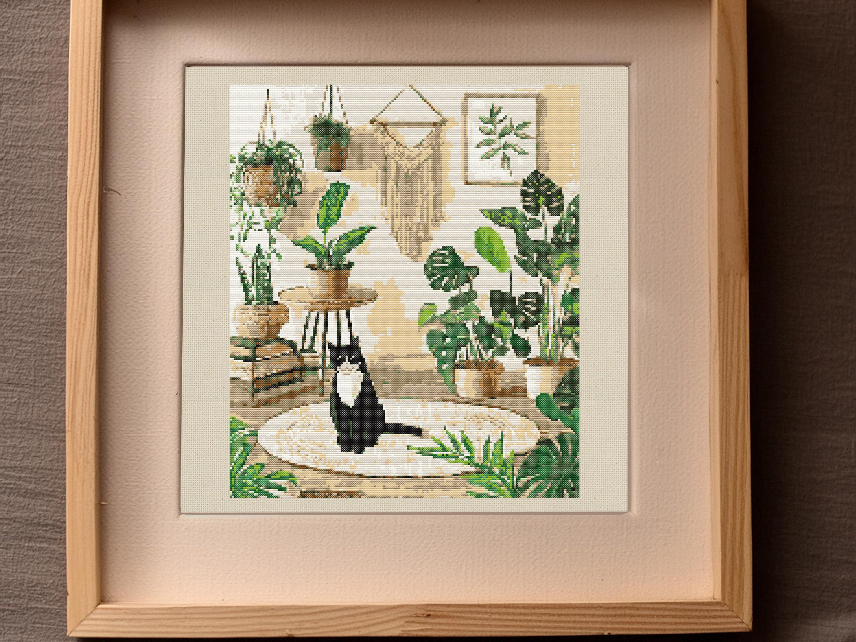 Boho Cat Cross Stitch Pattern | Plant Lover Gift | DIY Embroidery ...