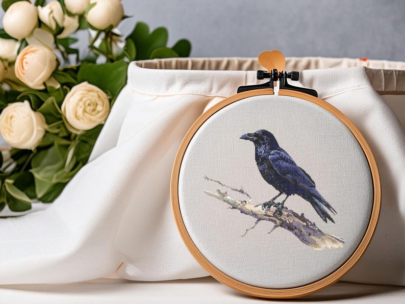 Raven Cross Stitch Template | Crow Embroidery Pattern | Black Bird Cross Stitch Kit DIY Download ...