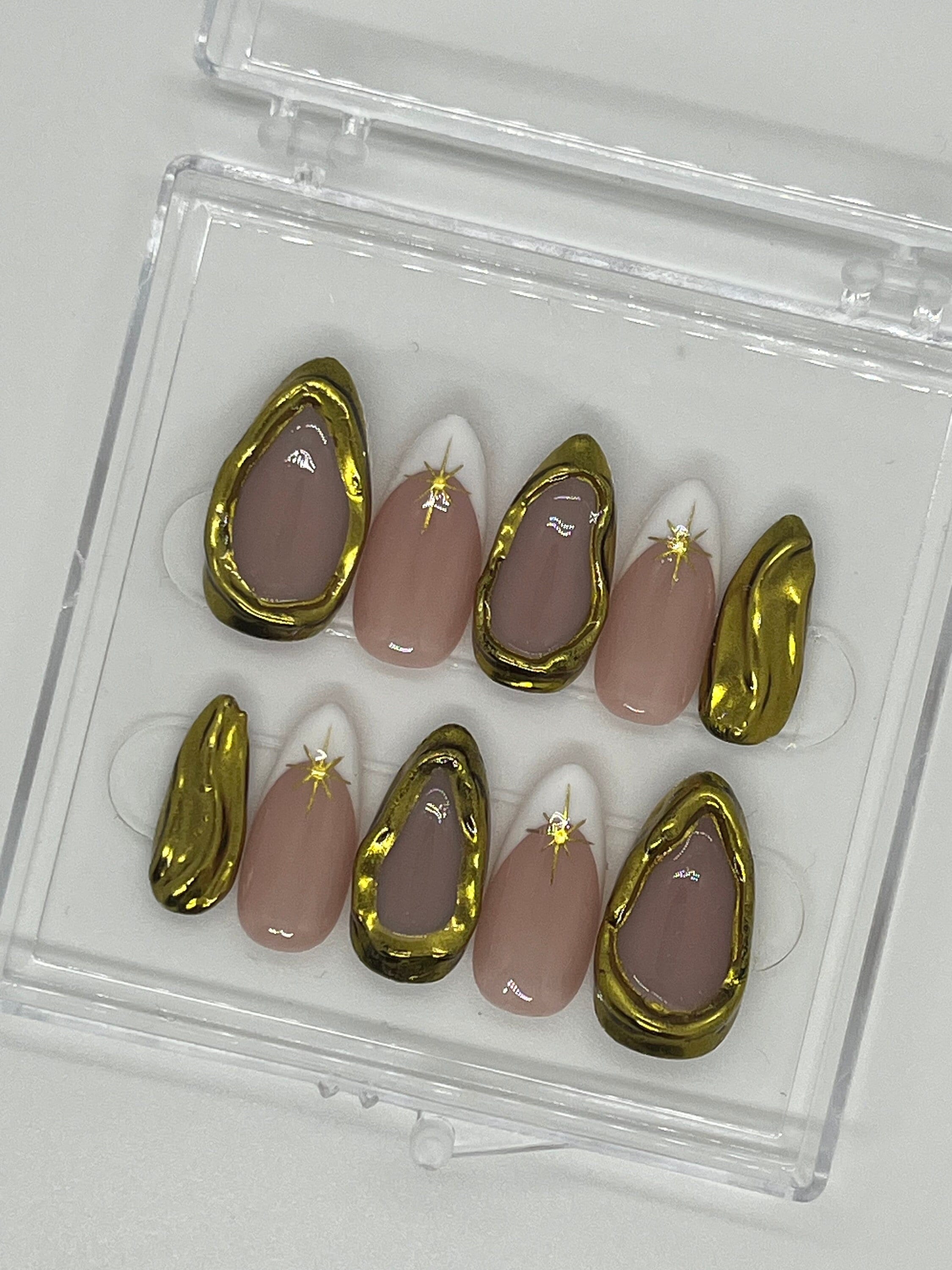 3D Gold Chrome Nail Art | White French Tips W/ Gold Chrome Star | Press ...