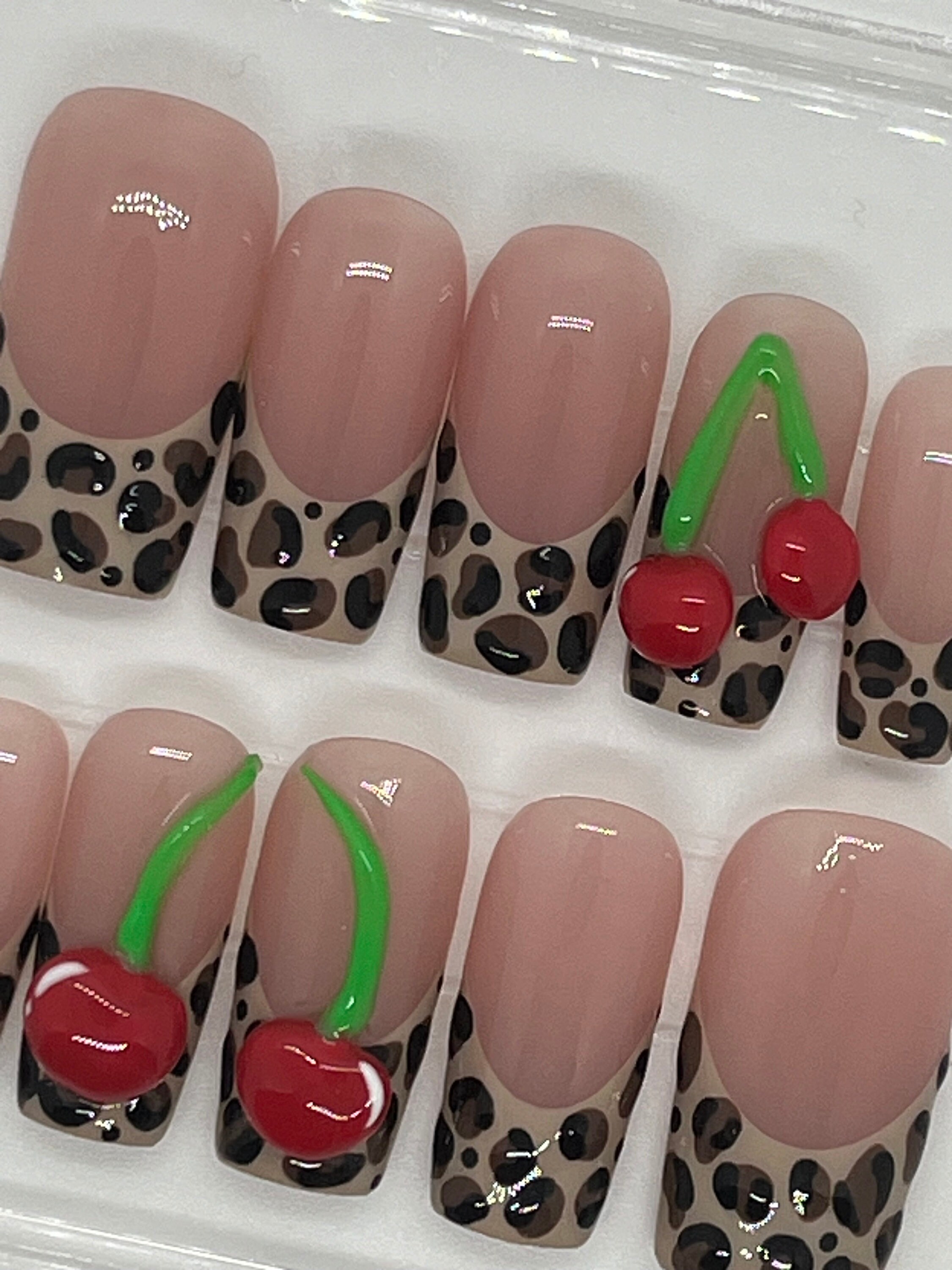 Cheetah Print French Tips | 3D Cherries | Press on Nails - Etsy
