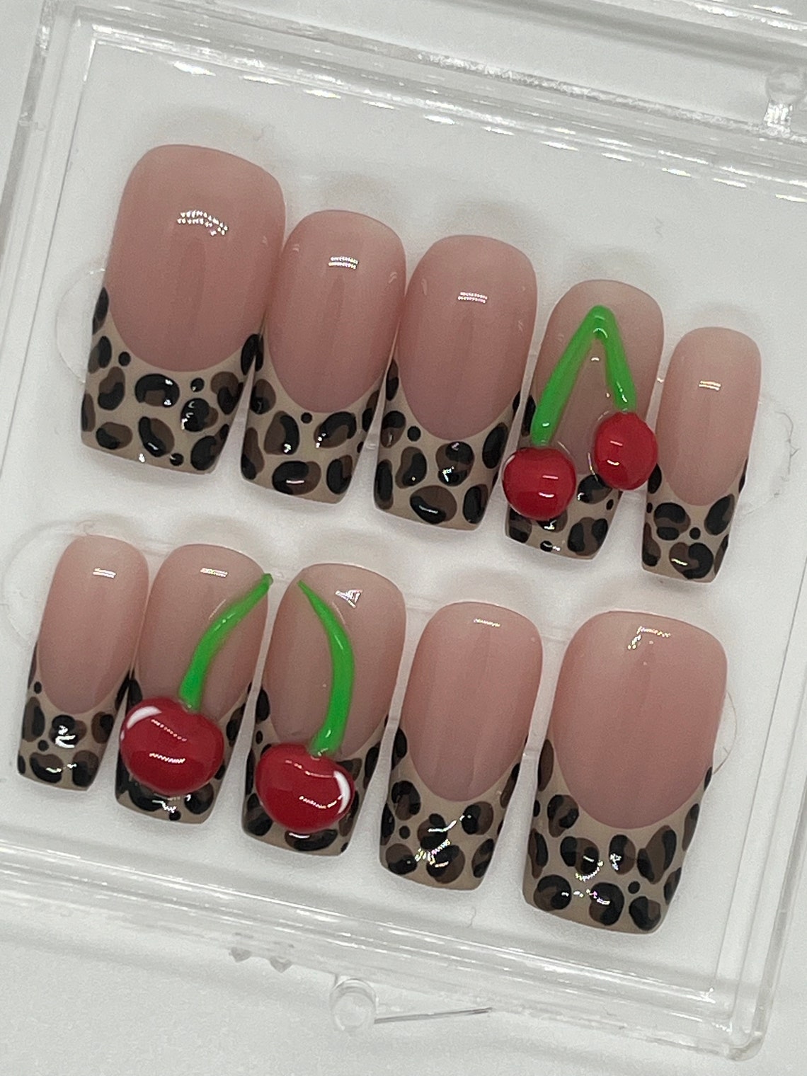 Cheetah Print French Tips | 3D Cherries | Press on Nails - Etsy