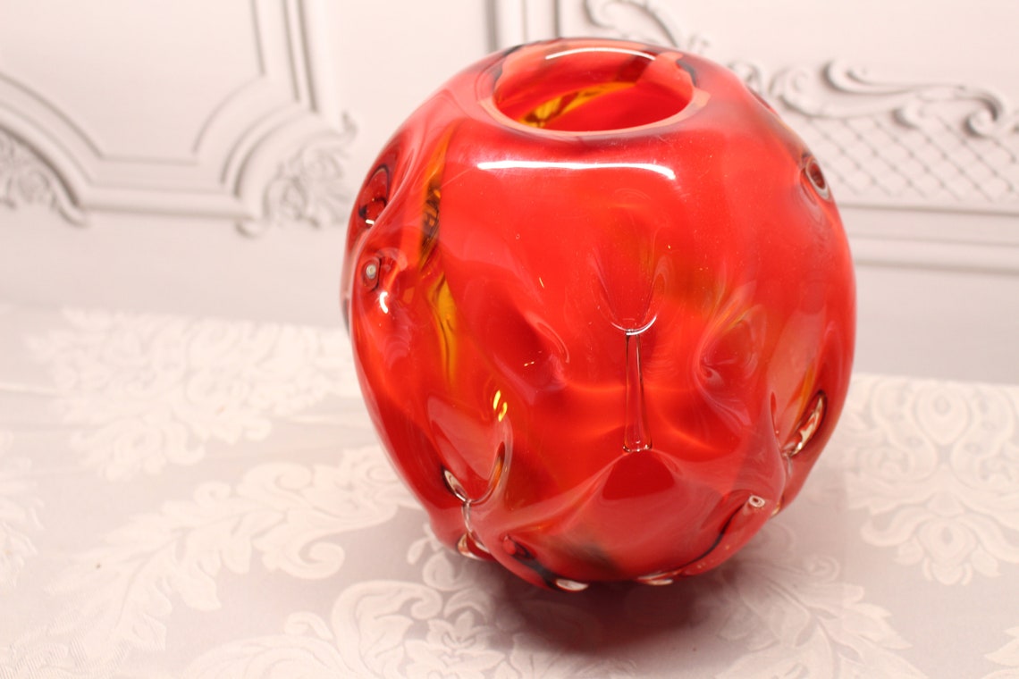 Stunning Red and Yellow Art Glass Dimple Vase, Possible Murano or ...