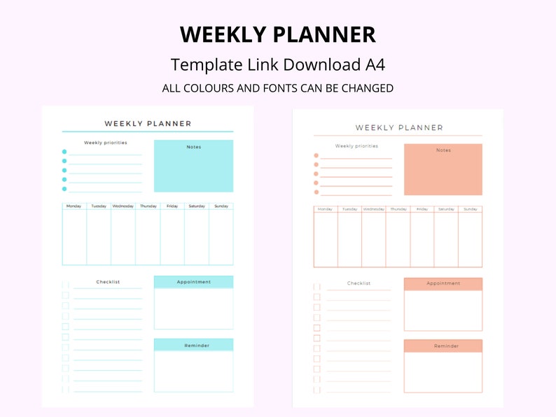 Weekly Planner Template With Notes, Weekdays, Appointments, Reminder ...