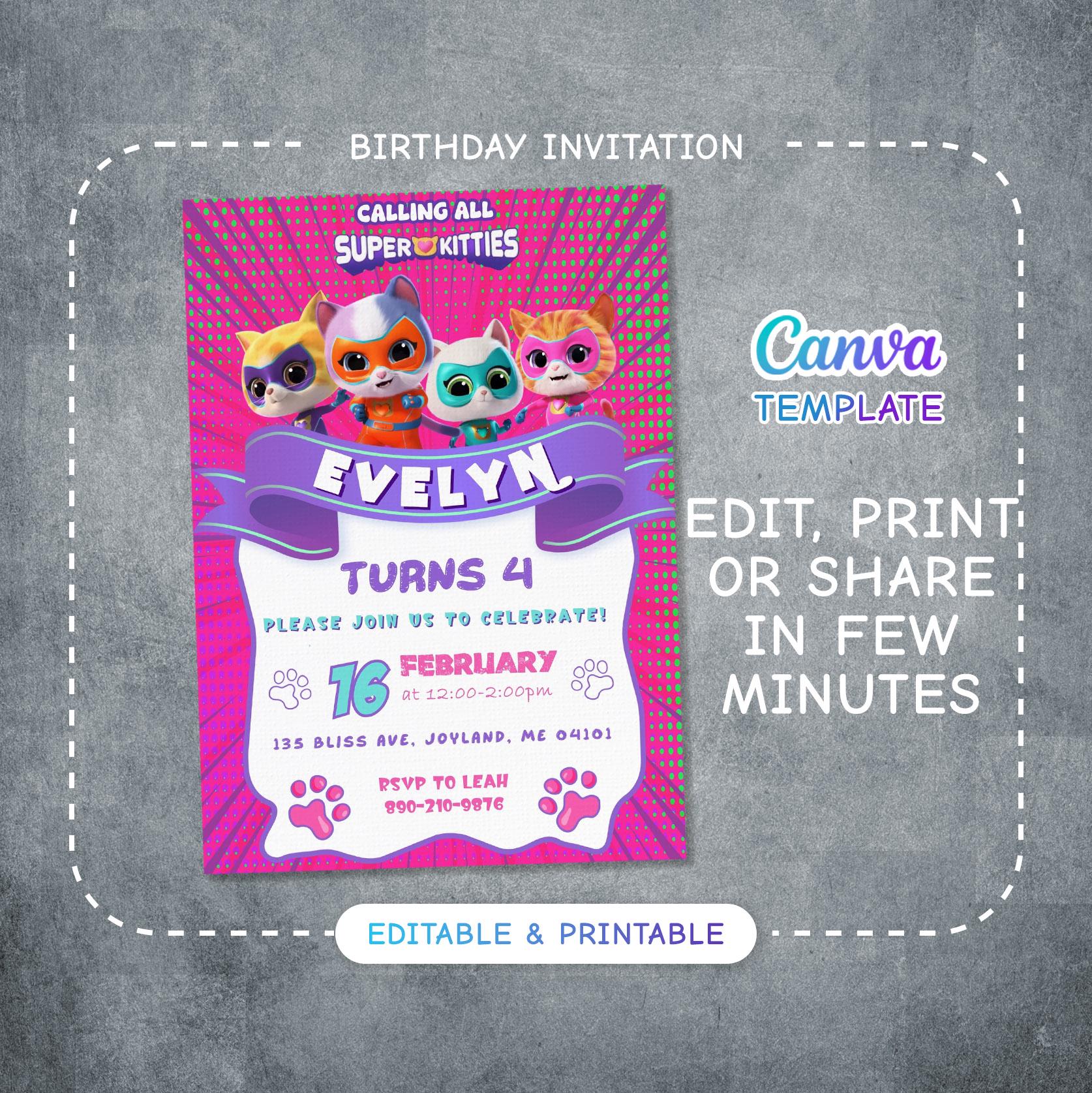 Printable Editable Super Kitty Invite, Superkitty Birthday ...