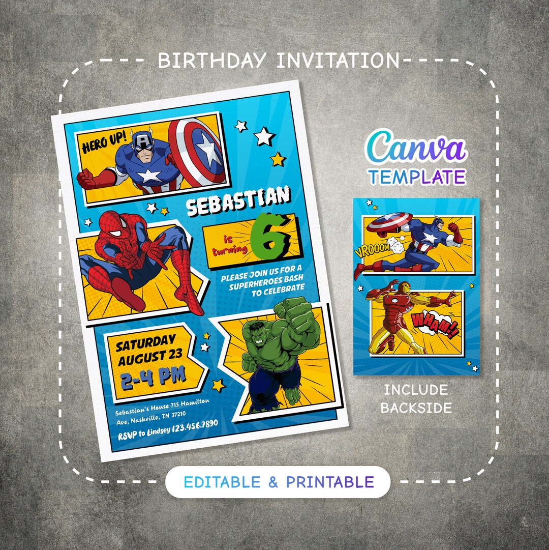 Printable Boy Birthday Invite, Super Hero Editable Party Invitation ...