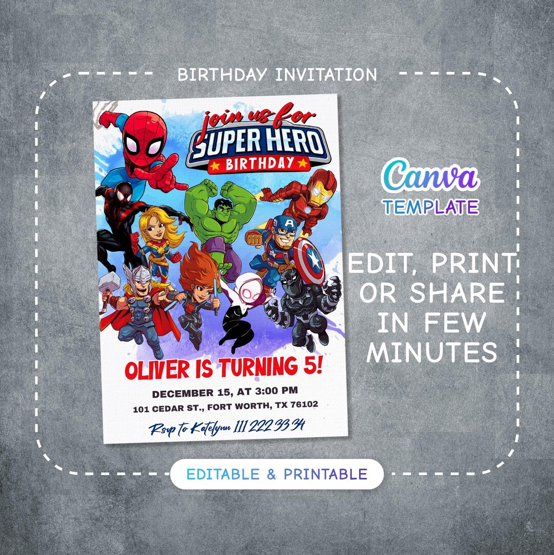 Printable Boy Birthday Invite, Super Hero Editable Party Invitation ...