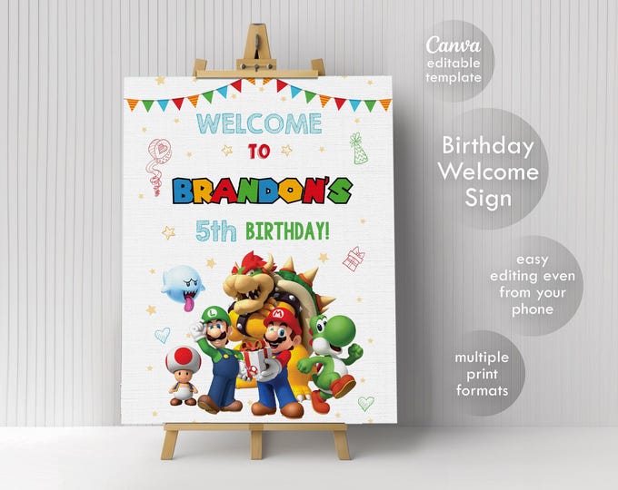 Super Mario Welcome Sign Template, Instant Editable Mario Birthday ...