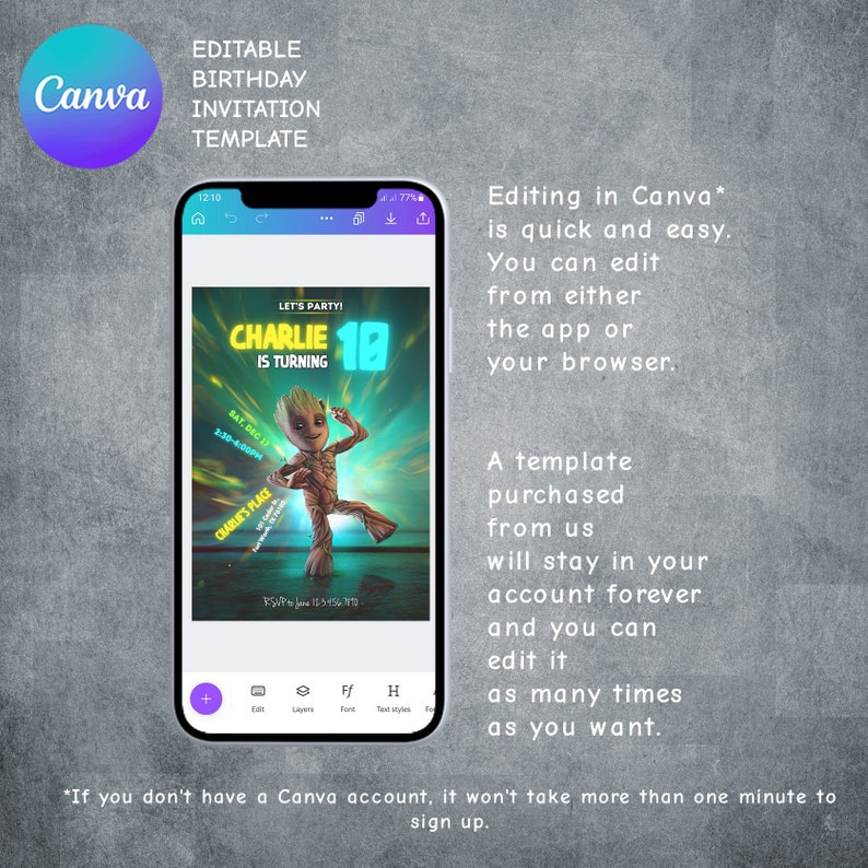 Editable Groot Birthday Invitation, Printable Groot Invite, Digital I ...