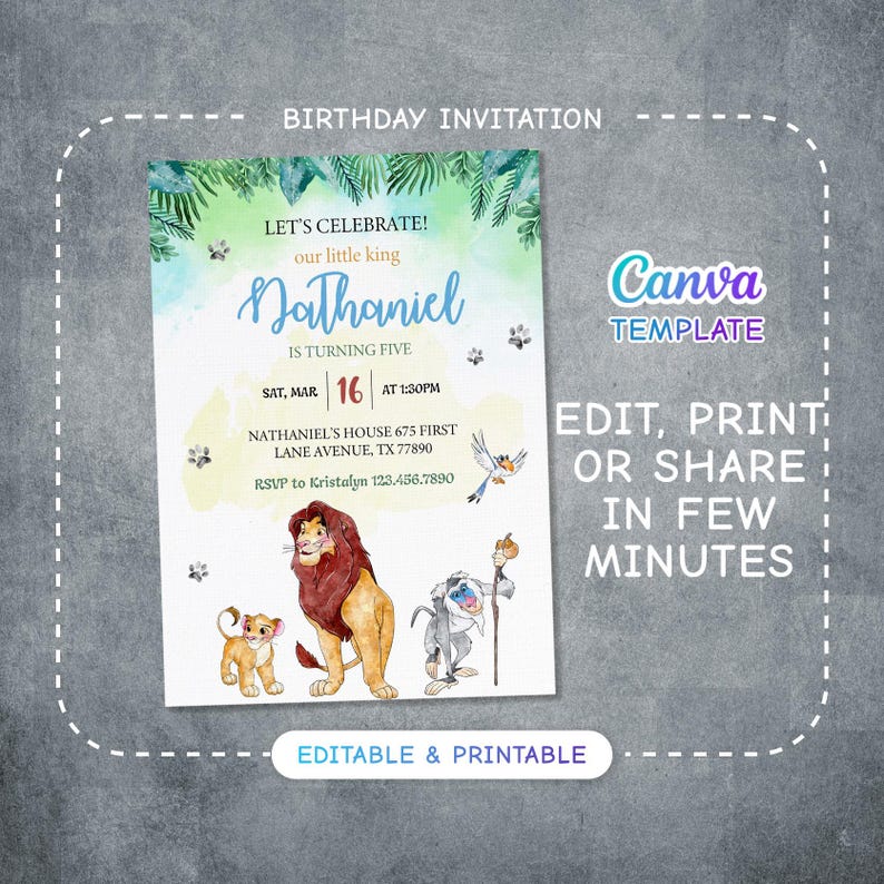 Simba Printable Birthday Invitation Template, Lion King Birthday Invite ...