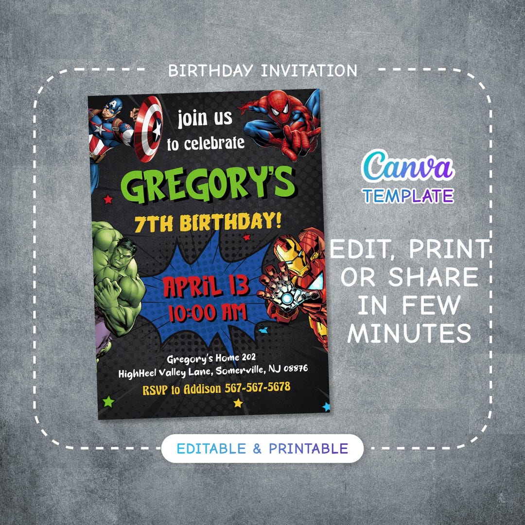 Printable Boy Birthday Invite, Super Hero Editable Party Invitation ...