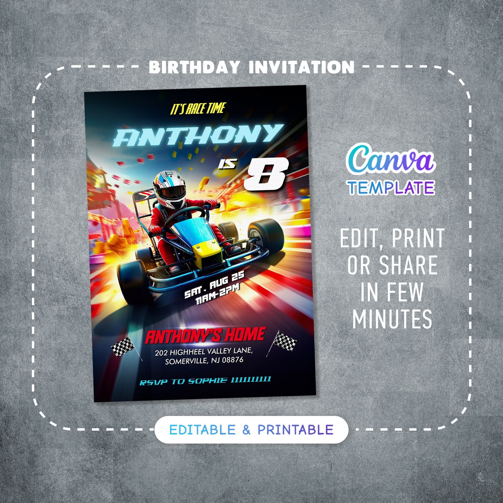 Go Kart Birthday Invitation, Go-kart Party, Karting Pilot Birthday ...