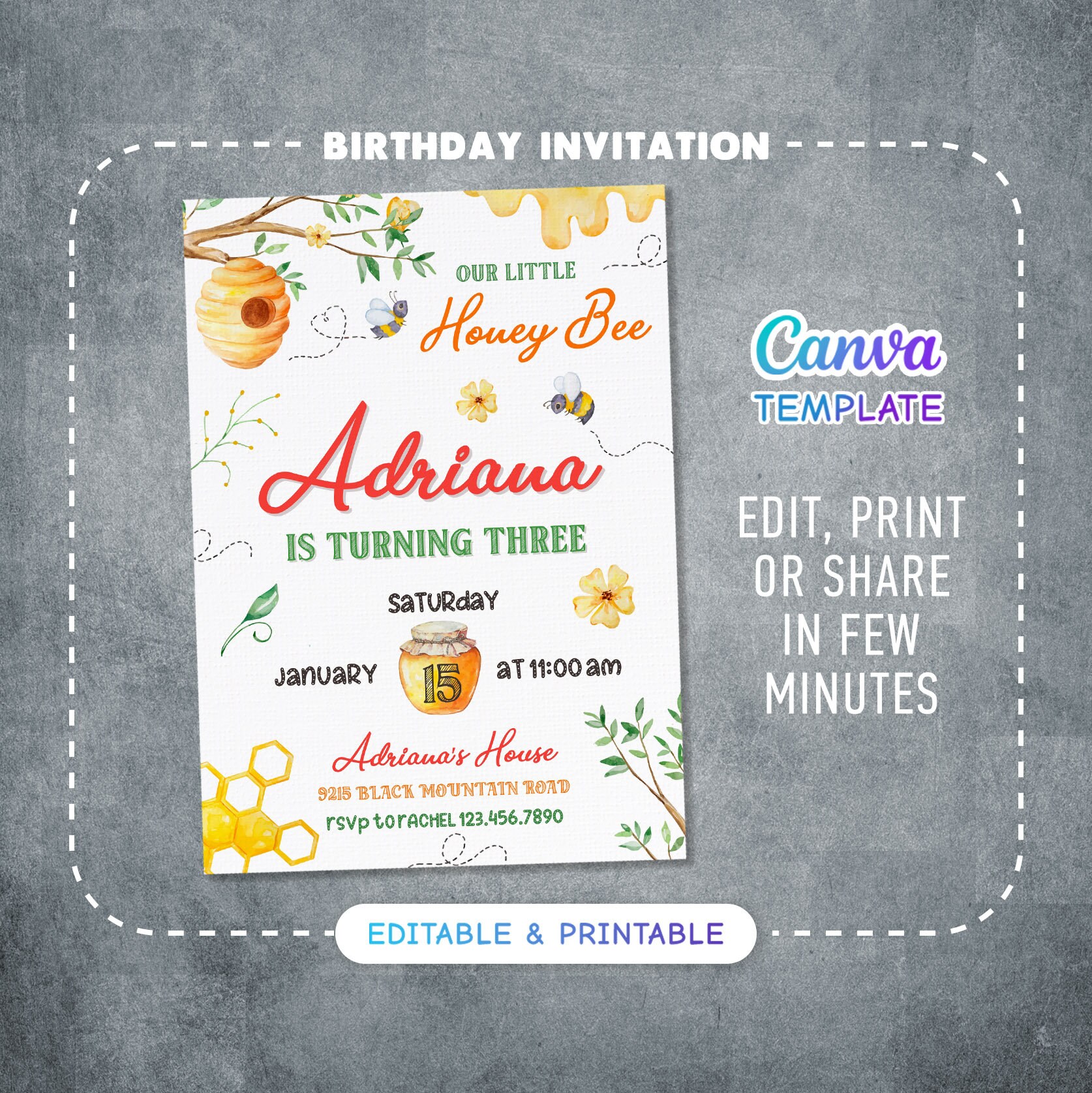 Printable First Bee Day Birthday Invitation, 1st Bee-day Party Invite ...