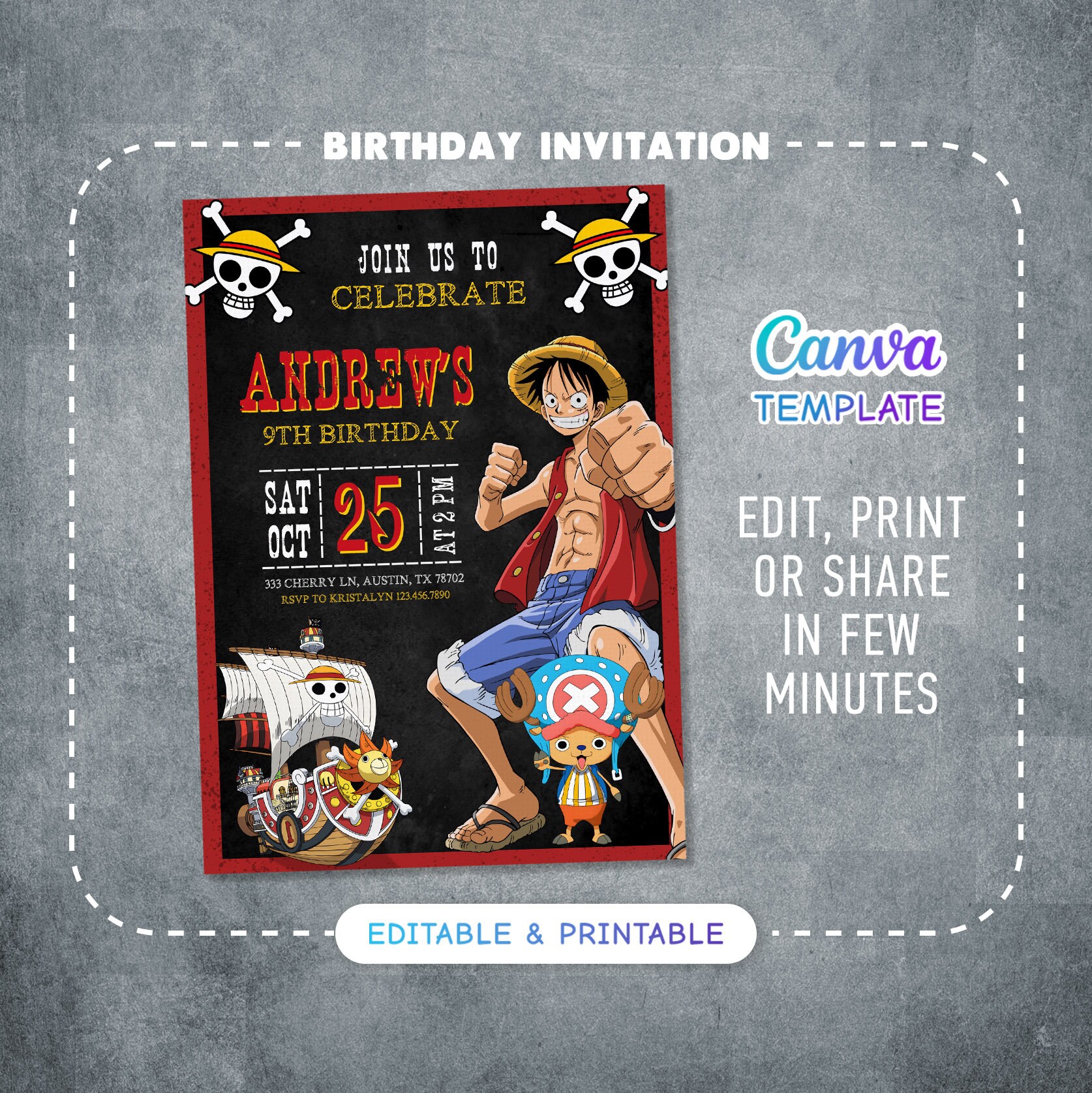 Printable Anime Birthday Invitation, Editable Straw Hat Pirat Bday ...