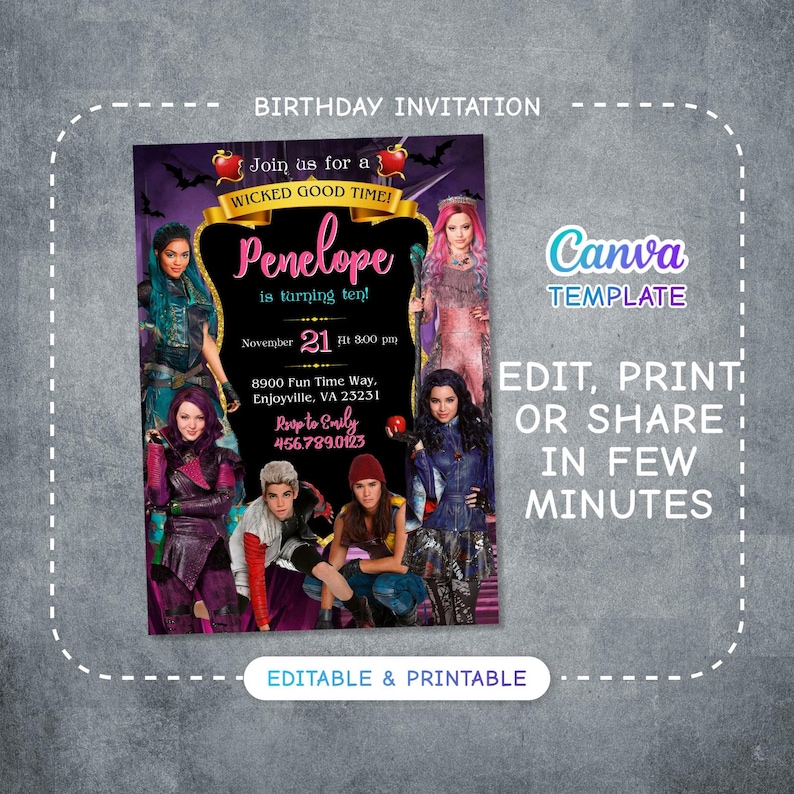 Printable Descendants Invitation, Editable Descendants Birthday Invite ...