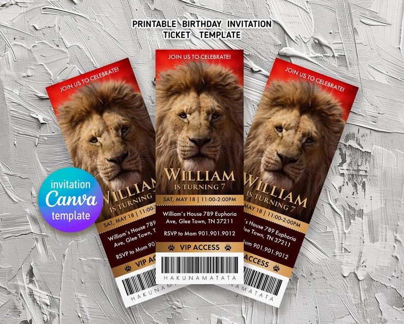 Lion King Mufasa Simba Birthday Invitation, Editable Printable Ticket ...