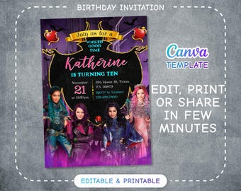 Printable Descendants Invitation, Editable Descendants Birthday Invite ...