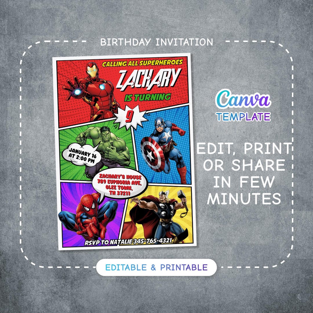 Printable Boy Birthday Invite, Super Hero Editable Party Invitation ...