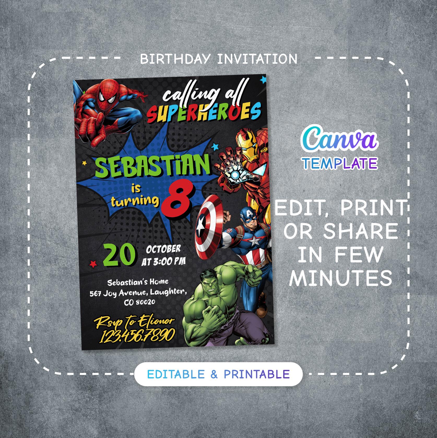 Printable Boy Birthday Invite, Super Hero Editable Party Invitation ...