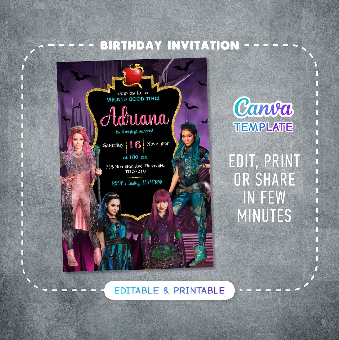 Printable Descendants Invitation, Editable Descendants Birthday Invite ...