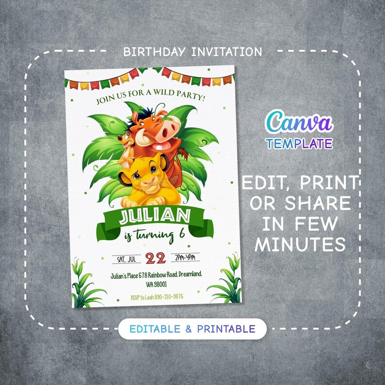 Simba Printable Birthday Invitation Template, Lion King Birthday Invite ...
