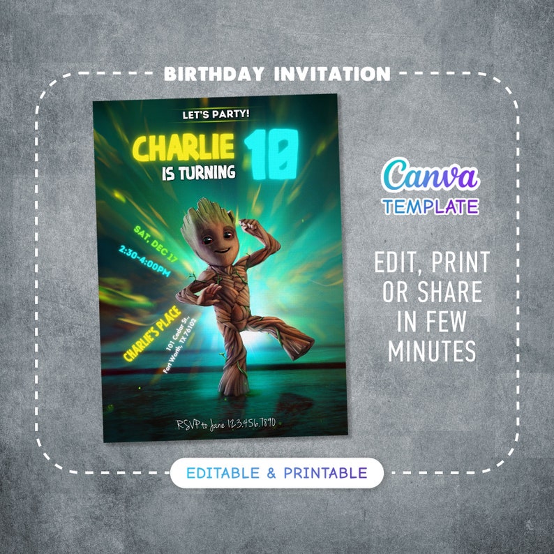 Editable Groot Birthday Invitation, Printable Groot Invite, Digital I ...