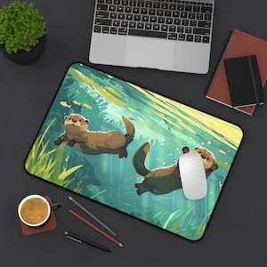 Otters Underwater Desk Mat, Kawaii Animal With Cute River Design, Large ...
