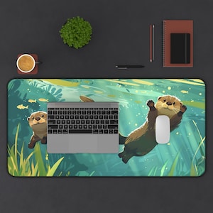 Otters Underwater Desk Mat, Kawaii Animal With Cute River Design, Large ...
