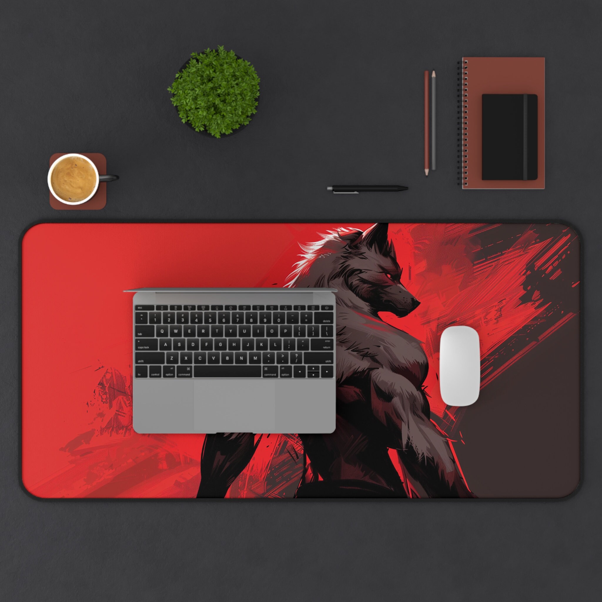 Cool Red and Black Wolf Desk Mat, Gamer Boy Male Mousepad, Dark Grungy ...