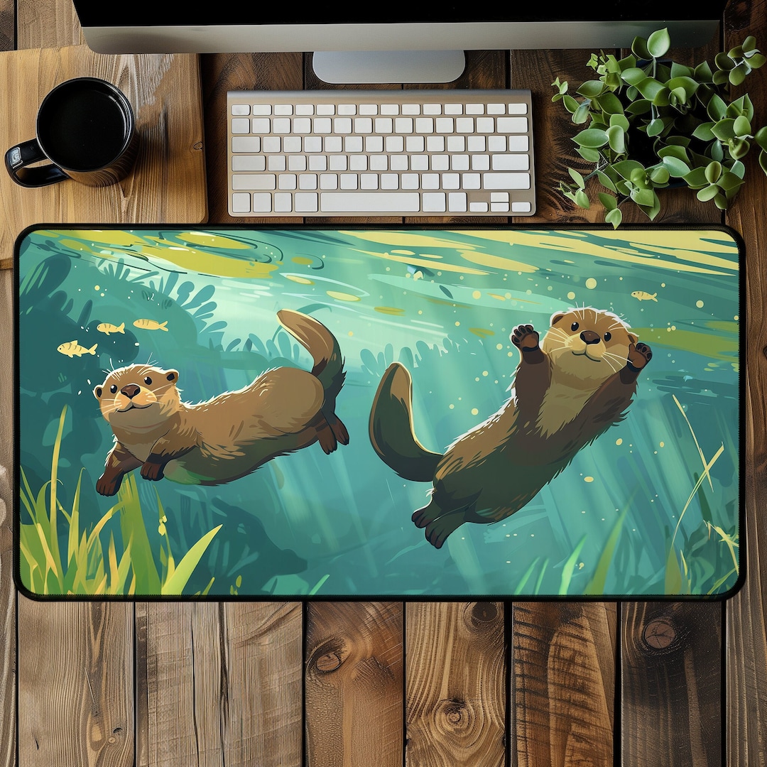 Otters Underwater Desk Mat, Kawaii Animal With Cute River Design, Large ...