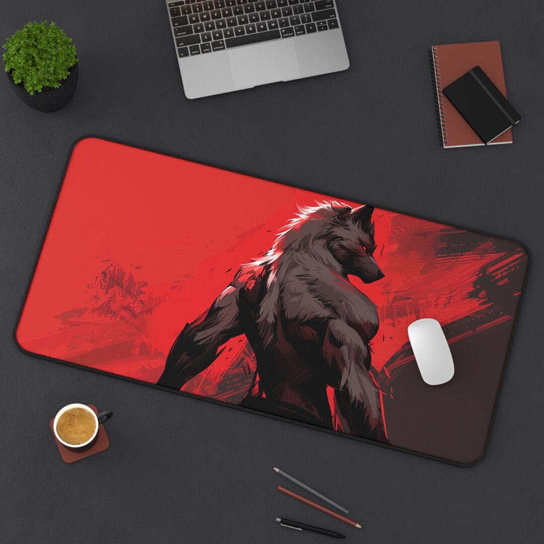 Cool Red and Black Wolf Desk Mat, Gamer Boy Male Mousepad, Dark Grungy ...