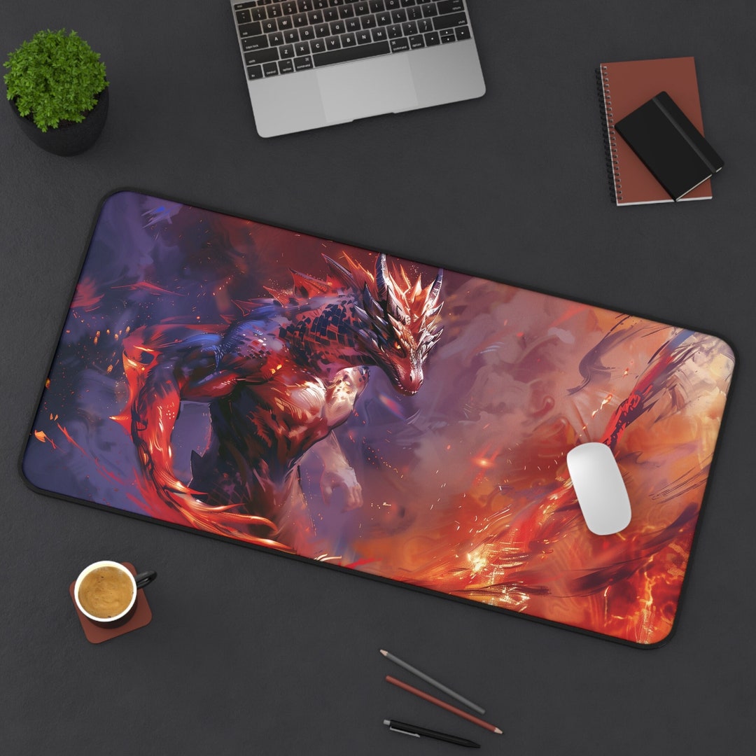 Cool Red and Blue Dragon Desk Mat, Gamer Boy Male Mousepad, Dark Grungy ...