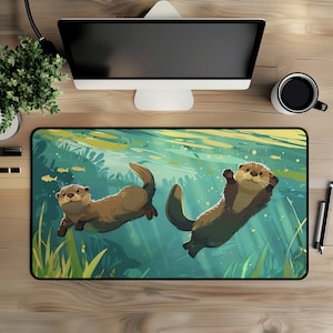Otters Underwater Desk Mat, Kawaii Animal With Cute River Design, Large ...