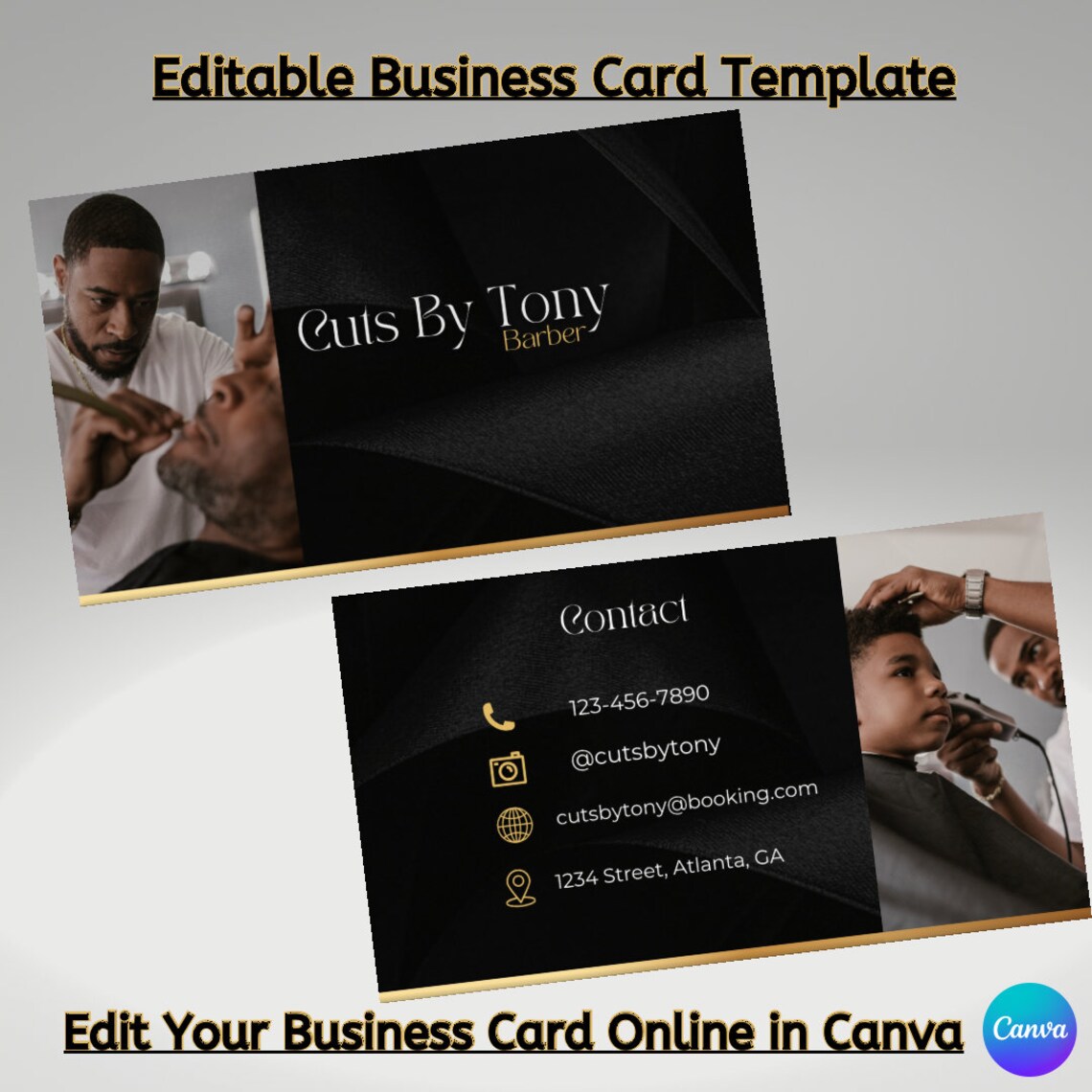 Barber Business Card, Editable Canva Template, Black and Gold, DIY - Etsy