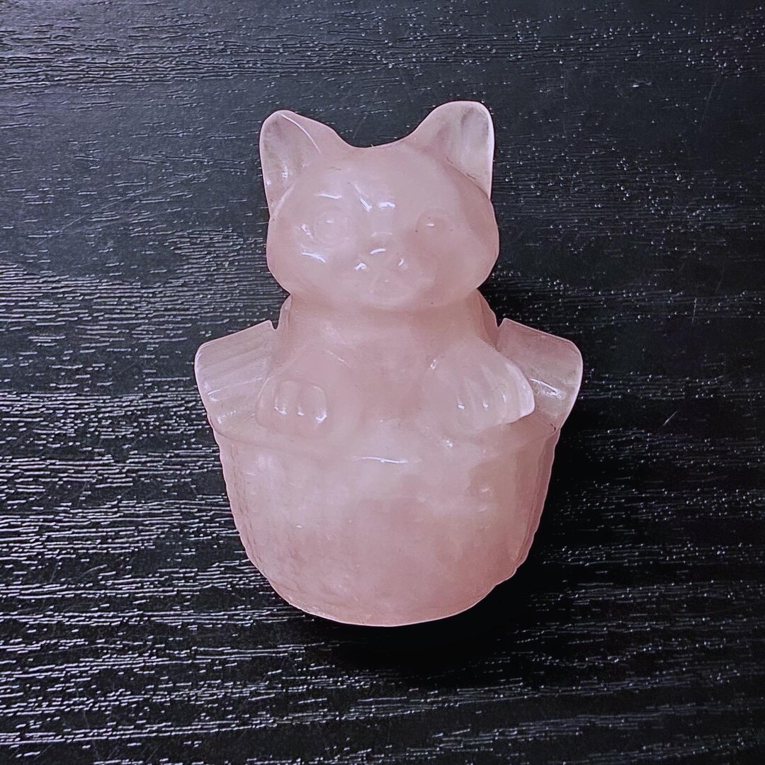 Crystal Cat in Basket | Rose Quartz Cat | Crystal Cat Figurine ...
