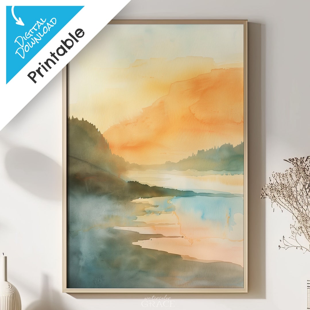 Soft Coastal Orange Green Earth Tones Landscape in Abstract and Loose ...
