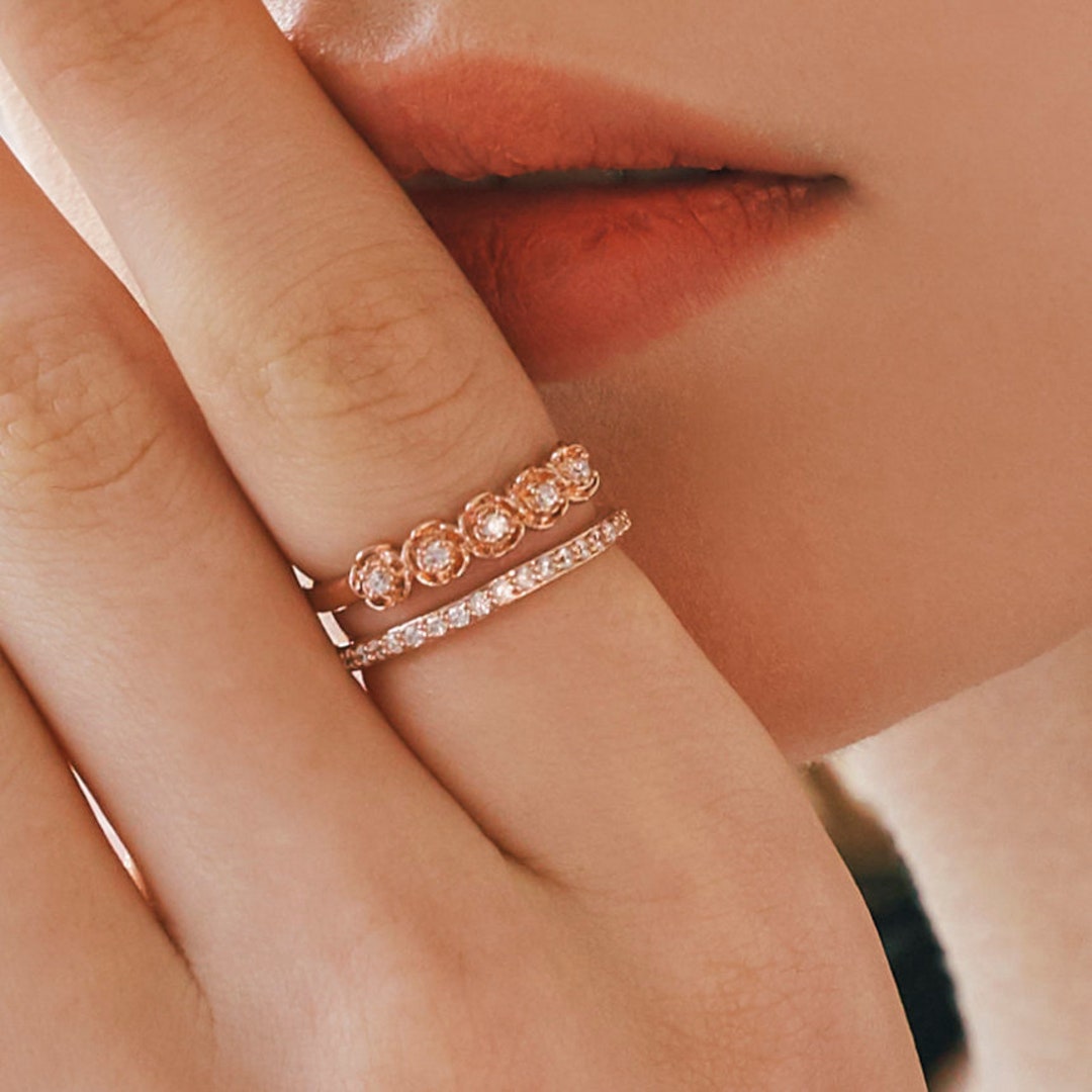 Rose Gold Floral Open Ring, Adjustable Flower CZ Band, Romantic Dainty ...