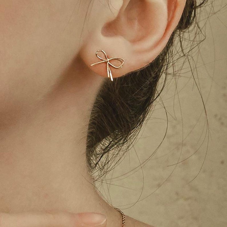 Herringbone Ribbon Earrings, 14K Solid Gold, Minimalist Bow Earrings ...