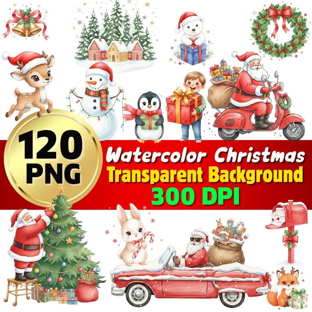 120 Watercolor Christmas Clipart Bundle: Santa, Snowman, Reindeer (PNG ...