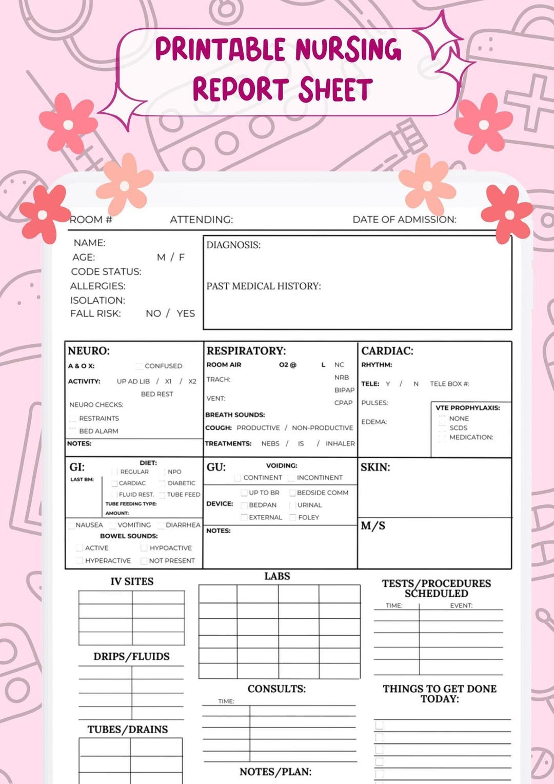 Nurse Report Sheet Med Surg Patient List for Work Easy Handoff ...